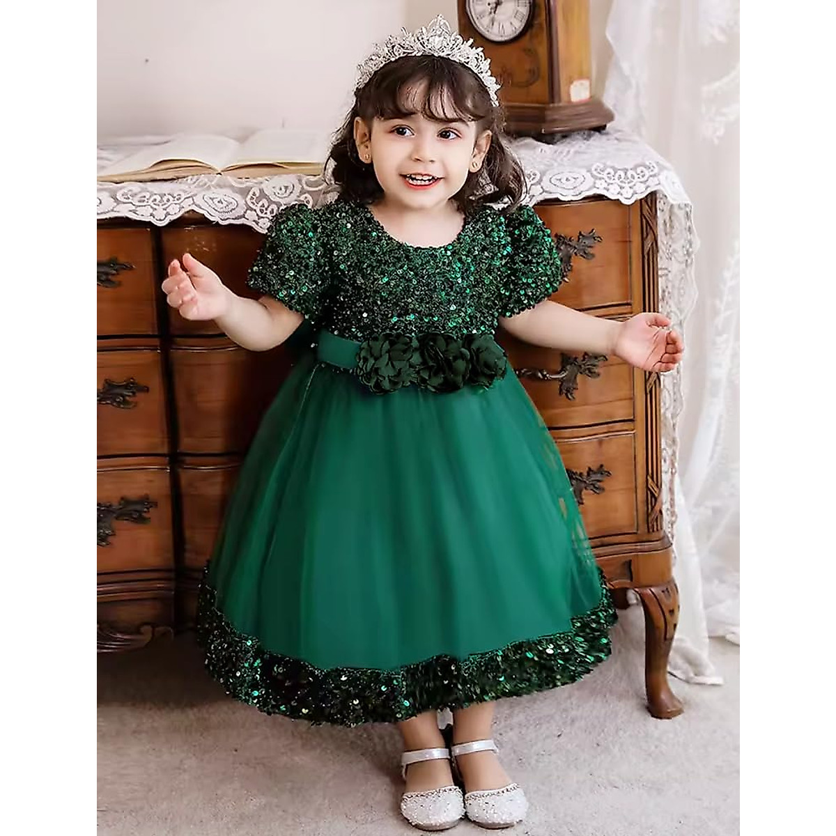 AGQT Toddler Girls Sequin Tutu Dress Big Bow-Knot Princess Short Sleeve Dress Sequin Dress for Babies Lace Birthday Party Elegant Formal Dress Green Size 12-18 Months