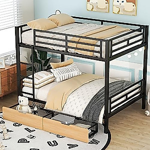 SIYSNKSI Full Size Convertible Bunk Bed with 2 Drawers, Metal Bunk Bed Frame with Ladder and Safety Guardrail for Kids Teens Boys Girls Bedroom, No Box Spring Needed