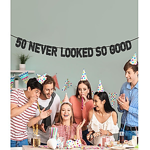 Pre-Strung 50 Never Looked So Good Banner for 50th Birthday Decorations, 50th Anniversary Decorations,50th Birthday Banner for 50th Party Decorations,Black Glitter