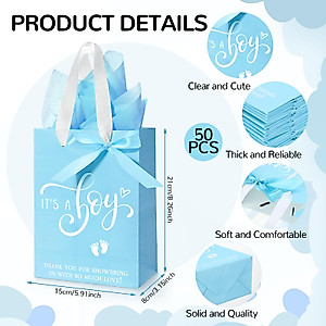 Qilery 50 Sets 8" Baby Boy Gift Bags with Tissue Paper It's a Boy Baby Shower Bag Blue Baby Shower Bags with Handle Paper Gift Bag for Guests Gender Reveal Baby Shower Party Favors