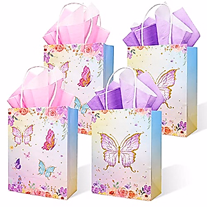 16 PCS Butterfly Party Gift Bag Favors Bags with Tissue Paper Goodie Paper Bags Pink and Purple Flowers Candy Paper Bags with Handles for Kids Girl Birthday Party Decor Baby Shower(8.2" x 5.9" x 3.1")