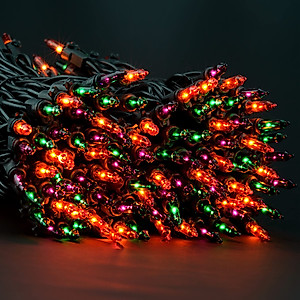 YULETIME Orange Green & Purple Halloween Lights with Black Wire, 66 Feet 200 Count UL Certified Christmas String Lights, Pack of 2 Sets 33 Ft 100 Count Mini Lights Set (Orange, Green & Purple)
