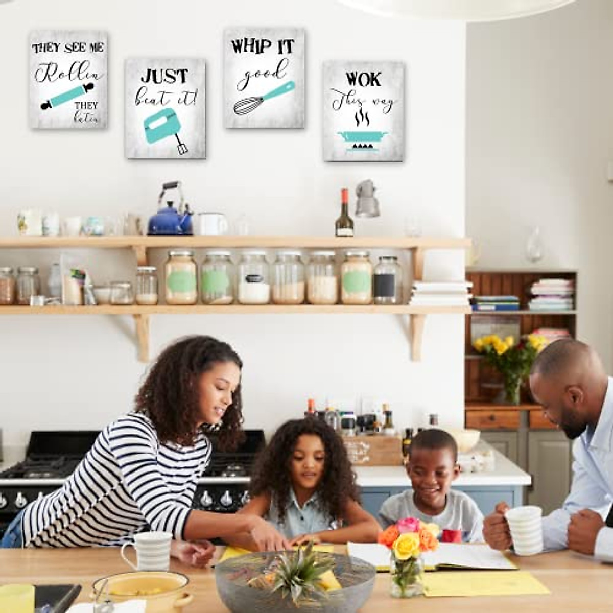 Creoate Turquoise Kitchen Canvas Wall Art, 4 Pieces Funny Kitchen Rules Songs for Kitchen Wall Decor, Canvas Poster Print Set 8X10 Framed Artwork for Dining Room, Coffee Bar, Bakery Decor