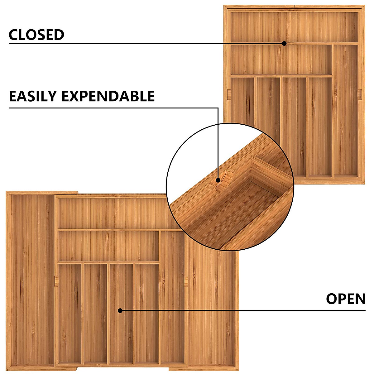 Danfoxer Silverware Drawer Organizer, Bamboo Kitchen Drawer Organizer, Expandable Cutlery Tray Desk Drawer Organizer (Natural, 21.2 inches)