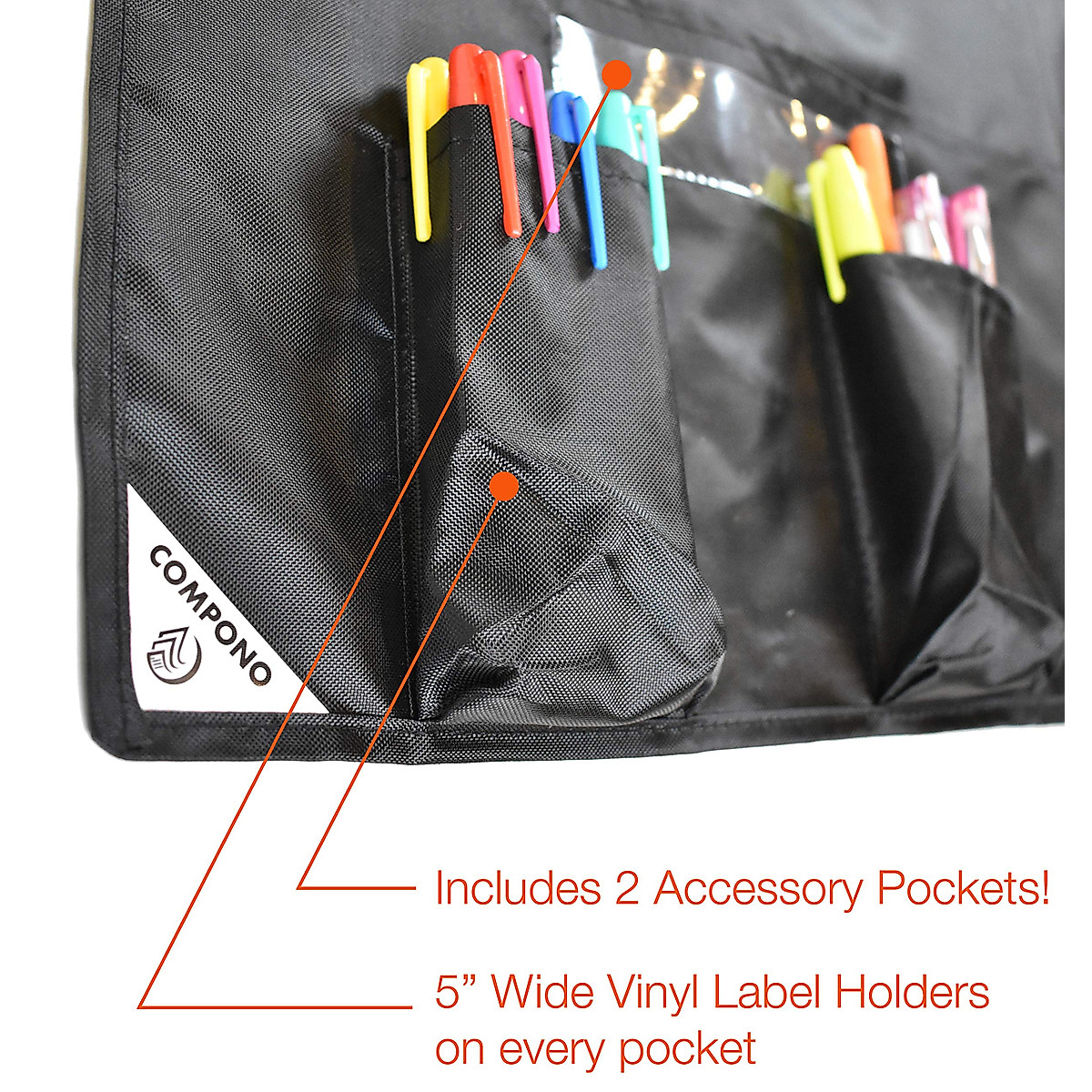 COMPONO Wall Storage Pocket Charts for Classroom (10 Pocket - 2 Pack, Black w/ window) File Organizers - Best Hanging File Pocket Chart for School, Classroom, Home or Office Use. Wall Pocket Chart