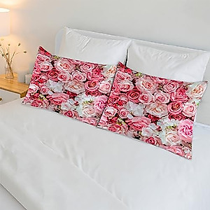 Flower Pink Roses Satin Pillow Cases Silk Satin Pillowcase for Hair and Skin Standard Set of 2 Super Soft Silk Pillowcase with Envelope Closure (20x26 in)
