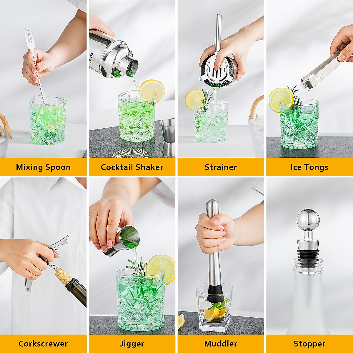 Velaze Cocktail Shaker Set,10 Pieces Stainless Steel Bar Tools - Bottle Opener, Pour Spouts,Measuring Jigger and Wine Stopper, Champagne Martini Shaker Sets (Blue)