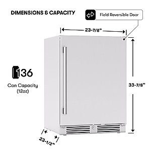 Zephyr Presrv 24 Inch Outdoor Wine Fridge & Beverage Refrigerator Single Zone Under Counter - Drink Chiller Freestanding Stainless Steel Door - 136 cans (Single-Zone Outdoor Wine & Beverage Cooler)