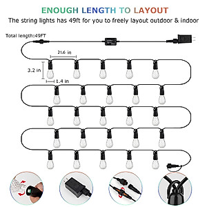 WENSEN Outdoor String Lights, 49FT 25 Bulbs Patio Lights Color Changing with Remote & App Control, IP65 Waterproof, Shatterproof Acrylic Led String Lights for Outside, Patio, Garden, Backyard, Party