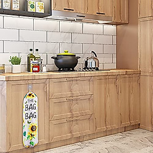 Sunflower Plastic Bag Holder for Kitchen, Plastic Bag Organizer and Dispenser Wall Mount Plastic Bags with Self-adhesive Hooks Garbage Shopping Trash Bags Storage Sunflower Farmhouse Home Decor