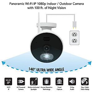 Night Owl 1080p AC Powered Panoramic Wi-Fi IP Indoor/Outdoor Camera with a 140° Ultra Wide Angle View, 2-Way Audio, Built-in Spotlight, Motion Detection, and Remote Viewing Mobile App