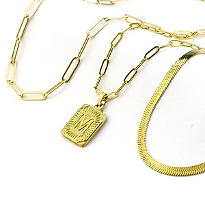 JoycuFF Layered Necklaces for Women, Initial 18K Gold Plated Paperclip Necklaces Herringbone Chain Simple Cute Letter Pendent Gold Initial Necklaces A