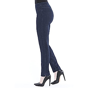 SLIM-SATION Women's Wide Band Regular Length Pull-on Straight Leg Pant with Tummy Control, Denim, 12