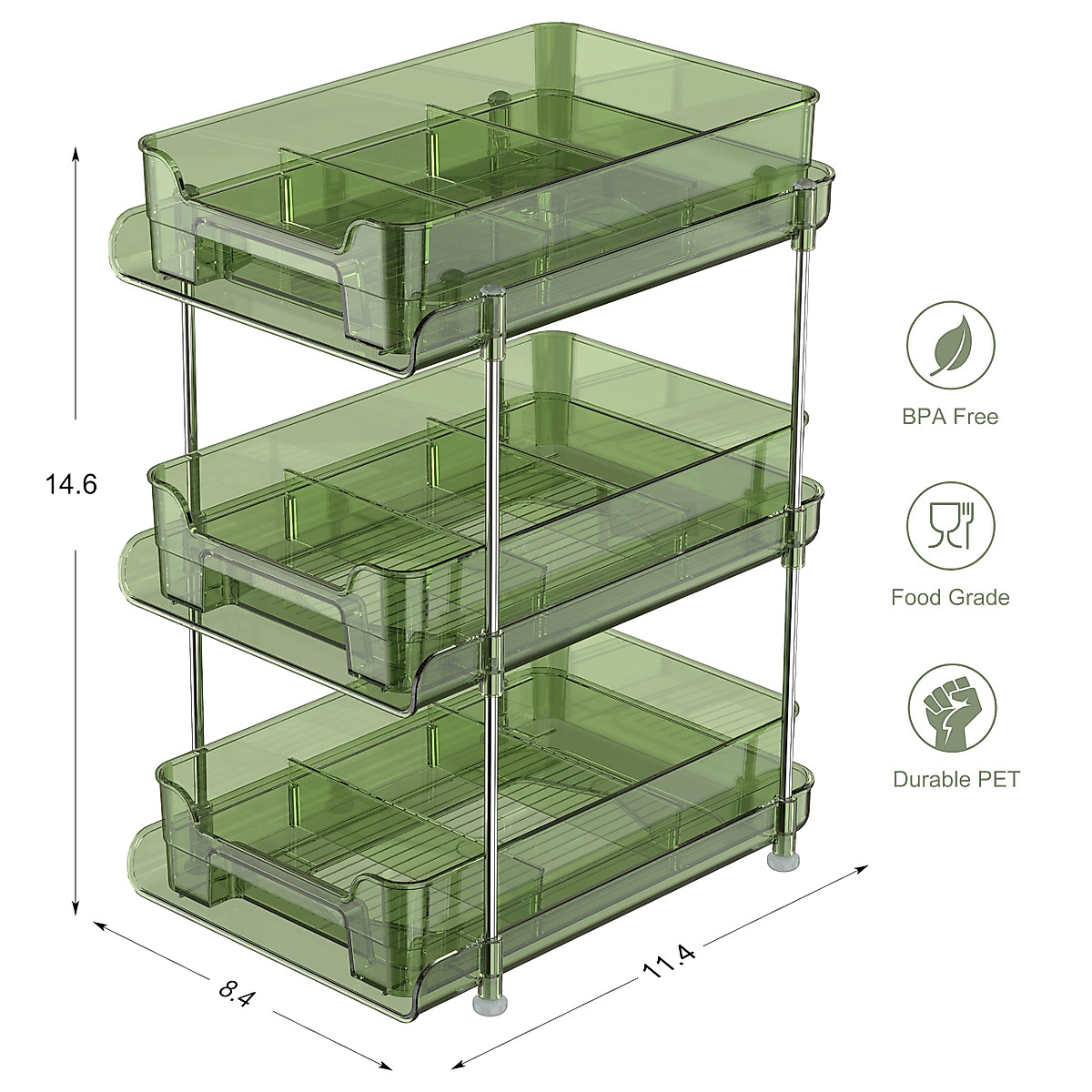 NPET 3 Tier Clear Green Organizer with Dividers for Bathroom, Sliding Cabinet Under Sink Organizer Kitchen, Pull Out Under Cabinet Organizer Storage Container for Pantry, Vanity, Medicine, Counter