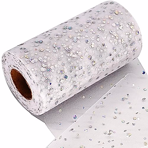 Glitter Tulle Fabric Rolls 6 Inch 50 Yards (150ft) Sparkling Ribbon Sequin Polka Dots Netting Spool for DIY Tutu Skirt Wedding Baby Shower Bow Easter Party Decoration Crafts, 21 Colors, White