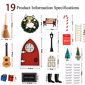 Christmas Elf Girl Fairy Doors, Miniature Elf Door Enchanted Fairy Doors, Elf On the Shelf Door Lantern Light Strip Christmas Tree Wreath Wooden Ladder Carpet Miniature Garden Furniture (22 Pcs)
