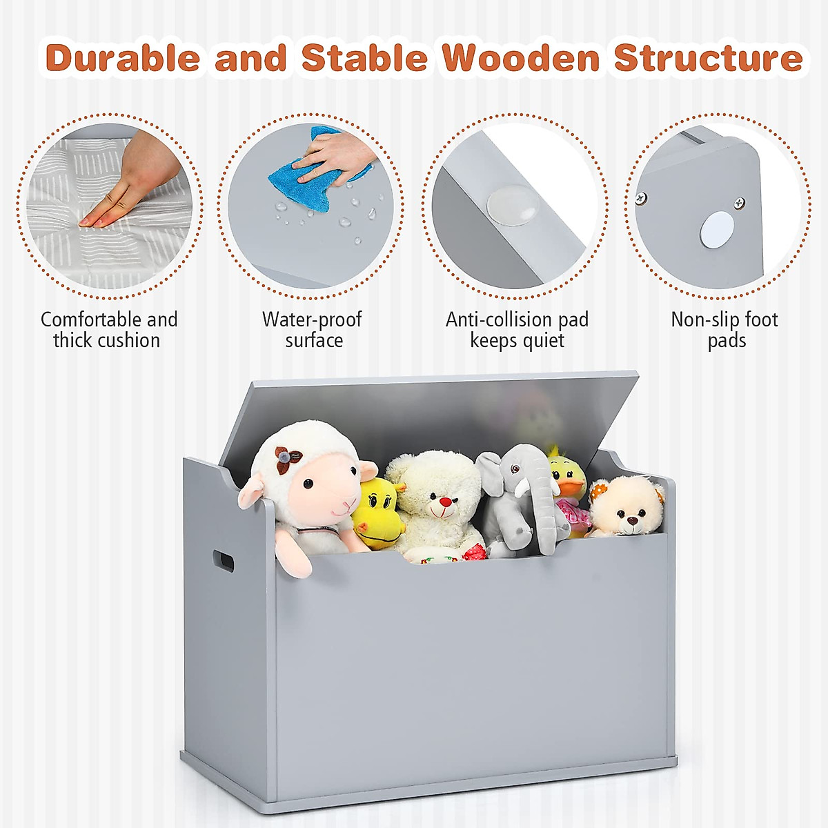 Costzon Kids Wooden Toy Chest, Wide Toy Box Storage Chest with Bench Seat, Toy Storage Trunk Case with Finger-Pinch Prevention, Lift-Top Foot Rest Seat for Toddler Bedroom Playroom Entry (Grey)