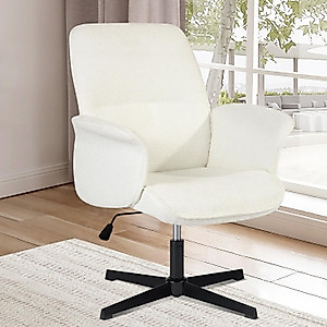 Home Office Chair, Upholstered Linen Fabric Padded Mid Back Accent Chair, Computer Desk Chairs Ergonomic No Wheels Stylish Swivel Adjustable Vanity Chair with Armrests, Beige