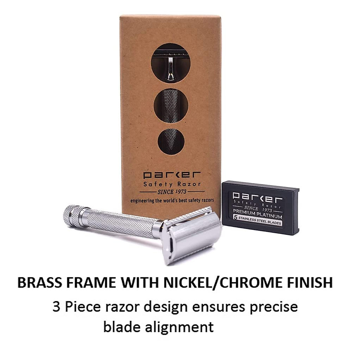 Parker 91R Double Edge Safety Razor – Three-Piece Heavyweight Safety Razor with Brass Frame & Chrome Plated Knurled Handle –5 Premium Parker Platinum Double Edge Razor Blades Included