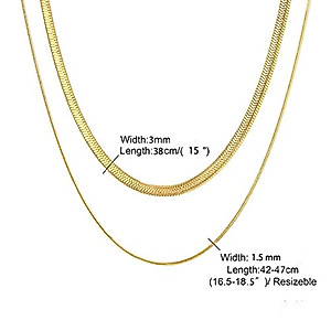 Tasiso 14K Gold Plated Herringbone Choker Necklace Set Double Layer Snake Chain Layered Gold Herringbone Chain Necklace Flat Snake Choker Necklaces for Women 3MM 38CM/1.5MM 42CM