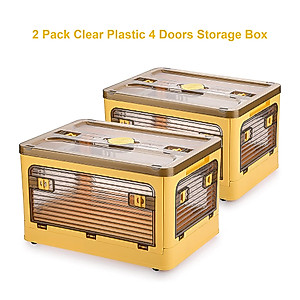 Aimondow 2 Pack Plastic 4 Doors Collapsible Storage Bins with Lid & Wheels, 28 Liters Folding Storage Bins, Stackable Multifunctional Box for Camping Clothes Snack Storage