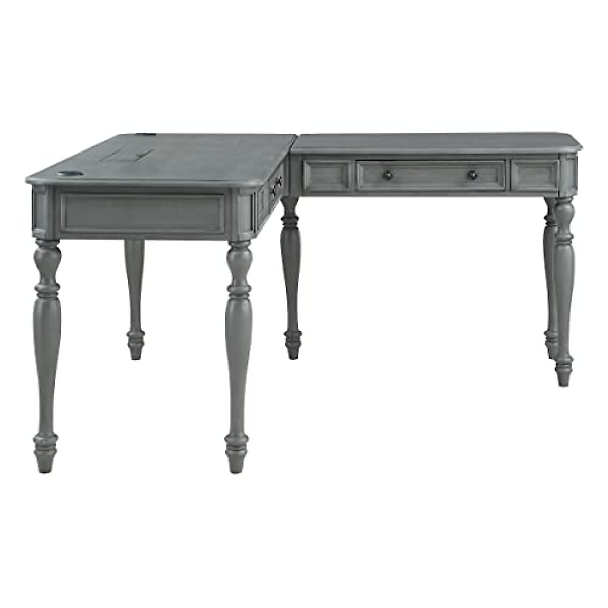 OSP Home Furnishings Country Meadows L-Shape Desk with 2 Full Drawers and Power Hub, Plantation Grey