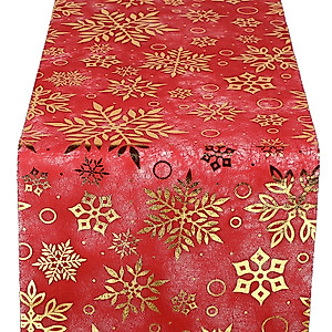 Qidordour Christmas Table Runner, 11 Inch x 196 Inch Long Table Runners, Gold Snowflake on Red Non-Woven Cloth Roll, Tabletop Decoration for Xmas Boho Farmhouse Home Kitchen Dining Thanksgiving Decor