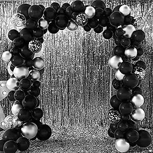 FEPITO 108 Pcs Black Silver Balloon Garland Arch Kit 5 10 12 18 Inches Black Silver Confetti Balloons for Birthday Wedding Bridal Baby Shower Graduation Party Decorations