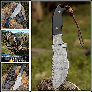 BLACK WOLF KNIFE Handmade Damascus Steel Tracker Knife EDC for Hunting, Bush craft, Camping, Fixed Blade G10 Handle with Cowhide Leather Sheath – BW-4141