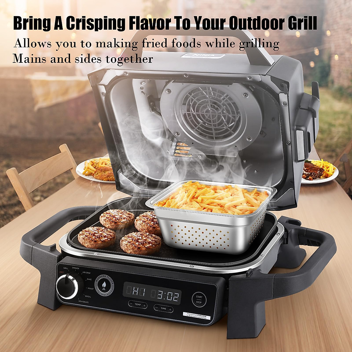 GRILL FORCE Grill Stand + Crisping Basket Set for Ninja Woodfire Grill,Collapsible Outdoor Grill Cart 304 Stainless Steel Crisper Tray Fit for Ninja Woodfire Outdoor Grill (Ninja OG701)