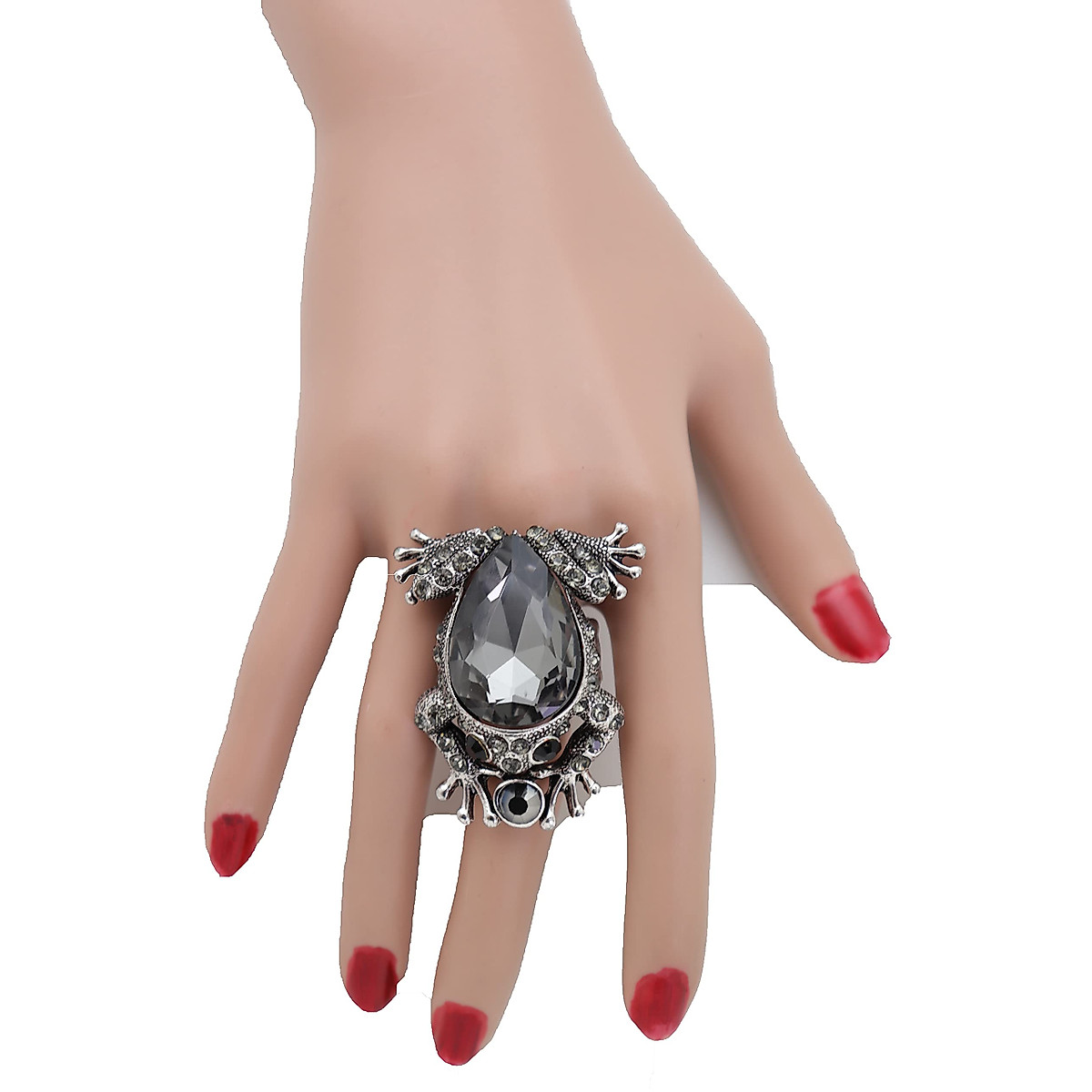 Women Fashion Jewelry Frog Ring - Silver Color Metal One Size Elastic Band Big Animal