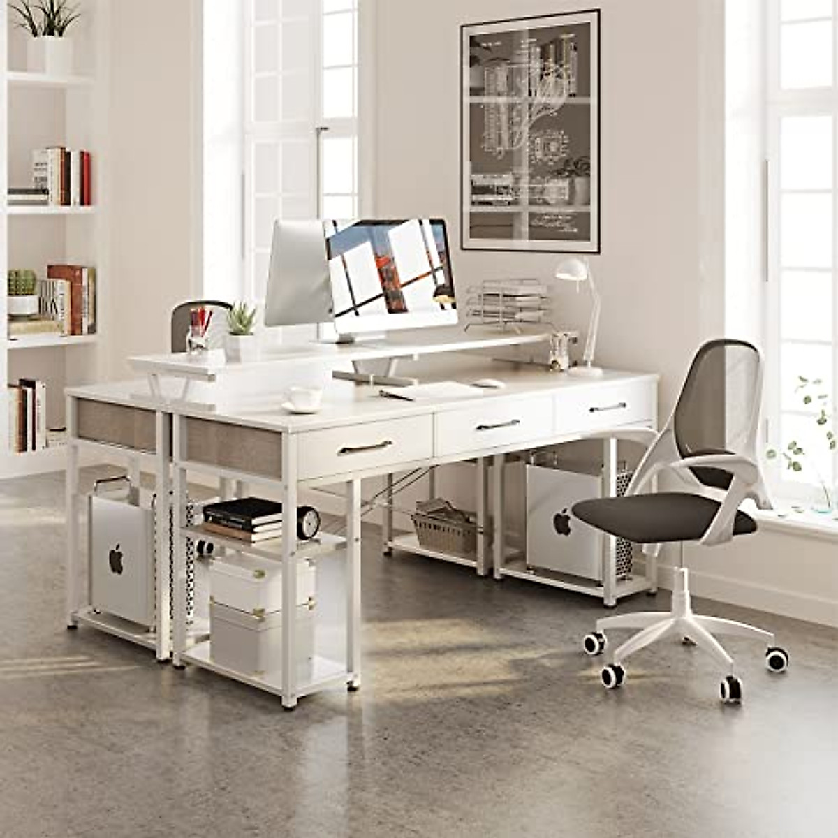 ODK Computer Desk with Drawers and Storage Shelves, 55 inch Home Office Desk with Monitor Stand, Modern Work Study Writing Table Desk for Small Spaces, White + White Leg