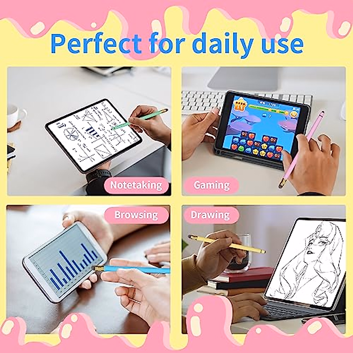 Stylus Pens for Touch Screens - 3PCS Stylus Pen for iPhone/iPad/Tablet Android/Microsoft Surface, Compatible with All Touch Screens (Macaron Pink/Yellow/Green)