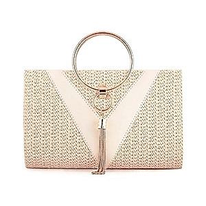 JURLEA Women Evening Bag Tassels Clutch Bag Glitter Clutch Purse Wedding Party Straw Clutch with Chain (White - Straw)