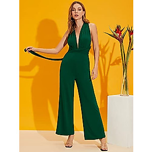 SweatyRocks Women's Sexy Deep V Neck Sleeveless Halter Jumpsuit Backless High Waist Wide Leg Romper Dark Green M