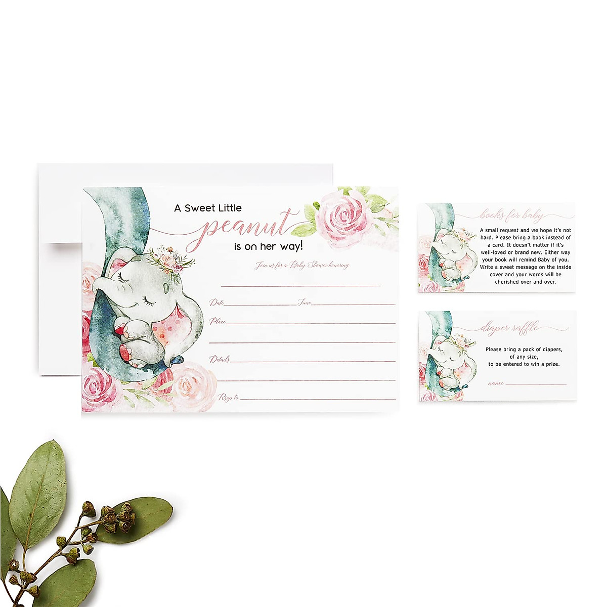 25 Pink Elephant Jungle Baby Shower Invitations and Envelopes (Large Size 5X7 INCHES), 25 Diaper Raffle Tickets, 25 Baby Shower Book Request Cards, Floral Elephant Animal Invites for Girl Baby Showers