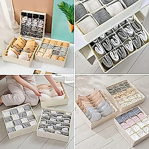 STYLIFING Bra Socks Underwear Organizer 3 Pack, Foldable Closet Organizer Drawer Soft Fabric Dresser Drawer Divider Bins for Bra Underwear Socks Ties Lingerie (Beige)