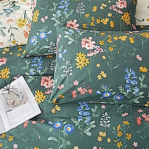 PinkMemory Green and White Duvet Cover Queen 100% Cotton, Garden Flower Pattern Bedding Duvet Cover Set Full Queen with Pillowcases Soft Durable Zipper-No Comforter Insert