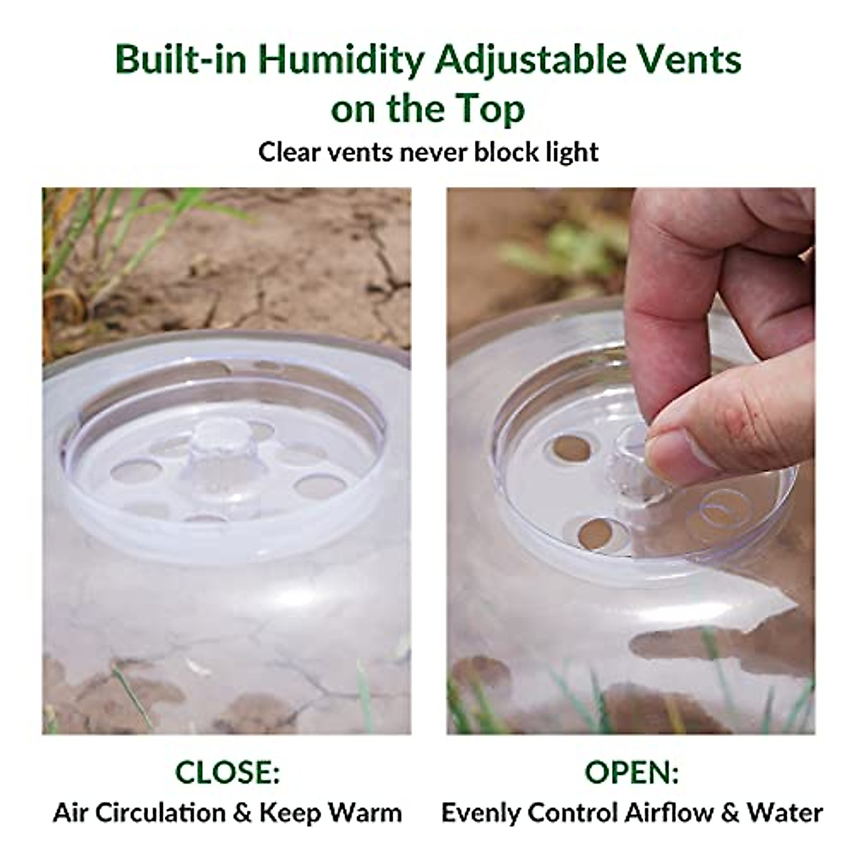 SOLIGT Garden Cloche, 10 Set Thick Plant Bell Clochoes Plastic Humidity Domes with Clear Vent & 40 Securing Pegs (7.88" D x 6.89" H) for Seed Starting and Plant Cover Protector