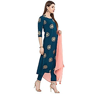 Janasya Indian Women's Tunic Tops Crepe Kurti Set with Dupatta for Women(SET058-KR-NP-S) Turquoise