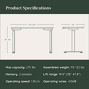 Branch Duo Standing Desk 48 Inches - Adjustable Standing Desk with 20” Range - OLED Control Panel - Frameless Design & Compact Size Suitable for Many Spaces - Woodgrain Base - White Top