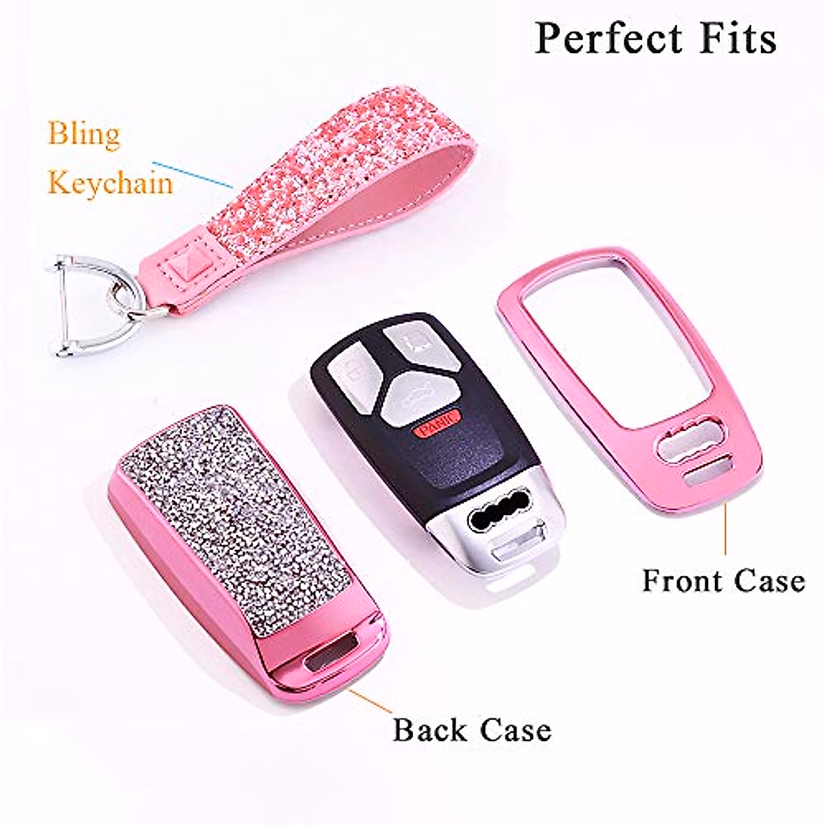 SANRILY 1Pcs Sparkling Bling Key Fob Cover Case for Audi A4 Q7 Q5 TT A5 A6 SQ5 R8 S4 S5 Keyless Entry Remote Key Holder Samrt Key Protector with Keychain Black