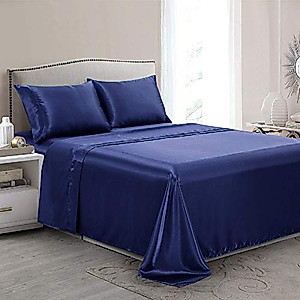 Cotton Home Depot Ultra Soft Silky Satin 4 Piece Sheet Set ( Flat Sheet + Fitted Sheet 16" Deep Pocket + 2 Pillow Cases ) Navy Blue Oversized Queen