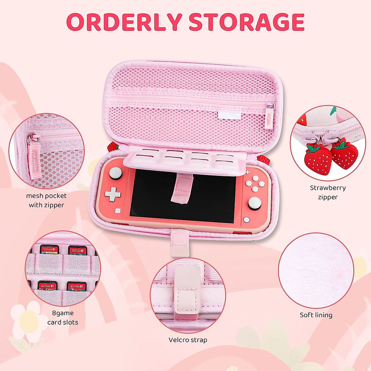 FANPL Case for Nintendo Switch Lite, Cute Pink Strawberry Carrying Case Bundle for Switch Lite Accessories with Soft TPU cover, Adjustable Strap, Screen Protector, Thumb Grip Caps