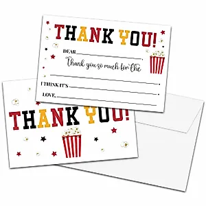 Chuxvon Kids Thank You Cards Fill in the Blank, Popcorn Thank You Cards, Movie Night Greeting Cards, Thank You Notes For Boys Girls, Birthday Party Decorations Favors (20 Cards With 20 Envelopes) -03