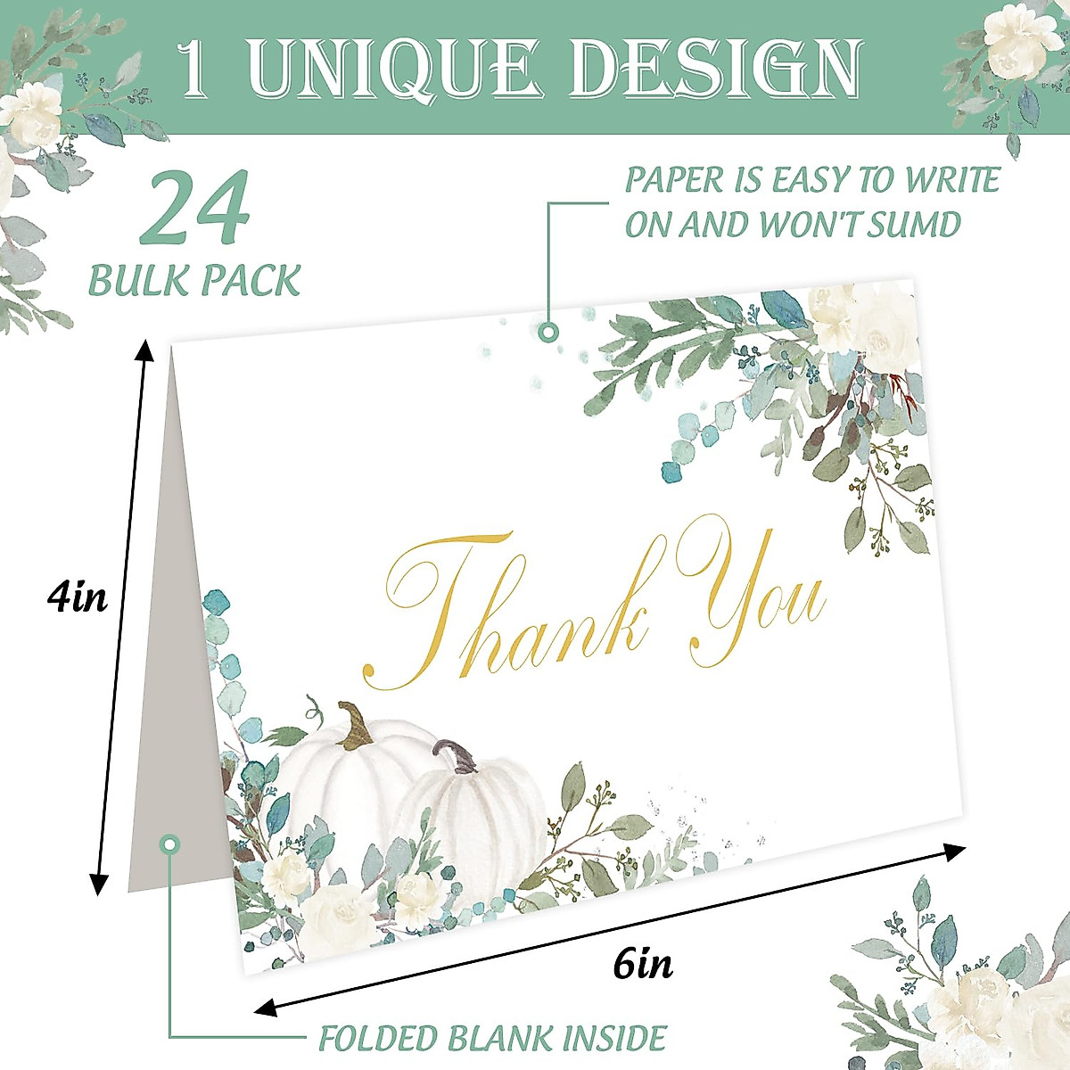 Quera 24 Pack Pumpkin Thank You Cards Fall Greeting Cards Autumn Floral Blank Note Cards With Envelopes Stickers For Baby Shower Wedding Birthday Party- 4x6 Inch