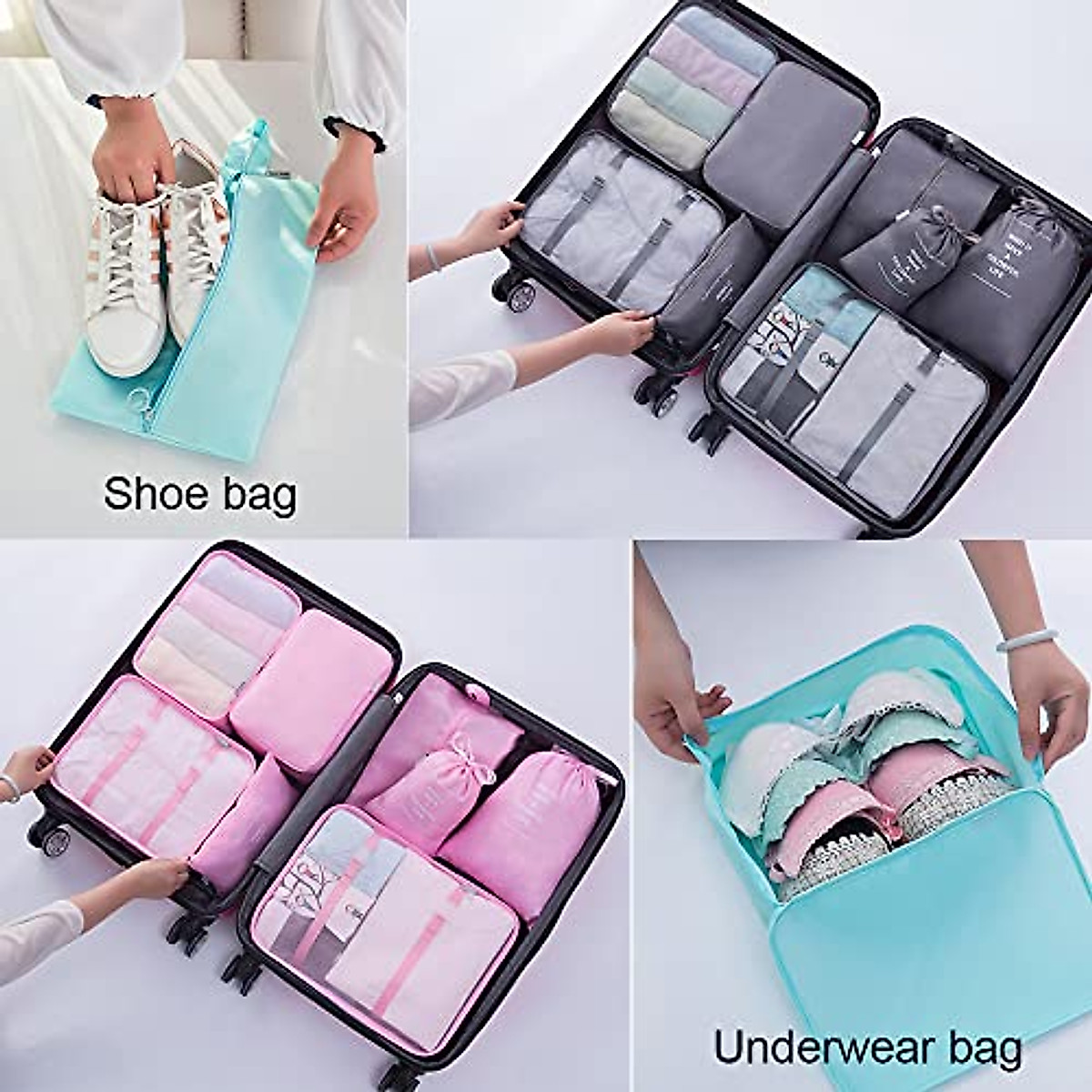 8pcs Compression Packing Cubes for Suitcases + 4pcs Compression Vacuum Storage Bags + Travel Dispenser Bottles Set, Luggage Packing Organizers Travel Accessories (pink)