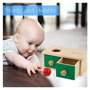 2 in 1 Mon-tessori Wooden Coins Balls Matching Box with 2 Drawers- Wood Coin Box with 5 Coins Object Permanence Box with 1 Wood Ball Preschool Learning Toys for Baby Toddler Infant Educational Gifts