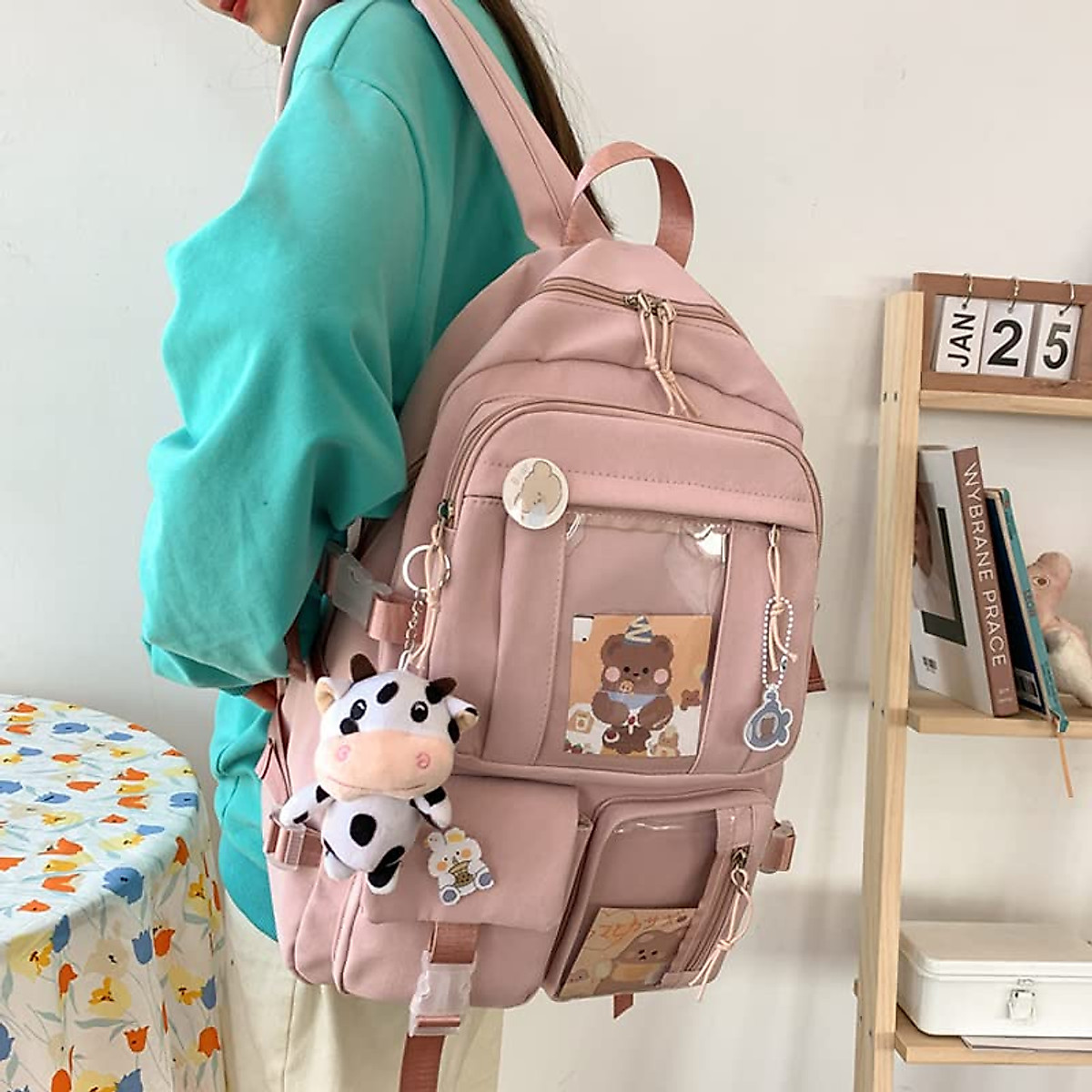 GGOOB Kawaii Backpack with Pins Kawaii School Backpack Cute Aesthetic Backpack Cute Kawaii Backpack for School (Pink,With Accessories)