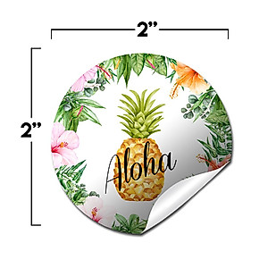 Watercolor Pineapple Aloha Thank You Sticker Labels, 40 2" Party Circle Stickers by AmandaCreation, Great for Party Favors, Envelope Seals & Goodie Bags